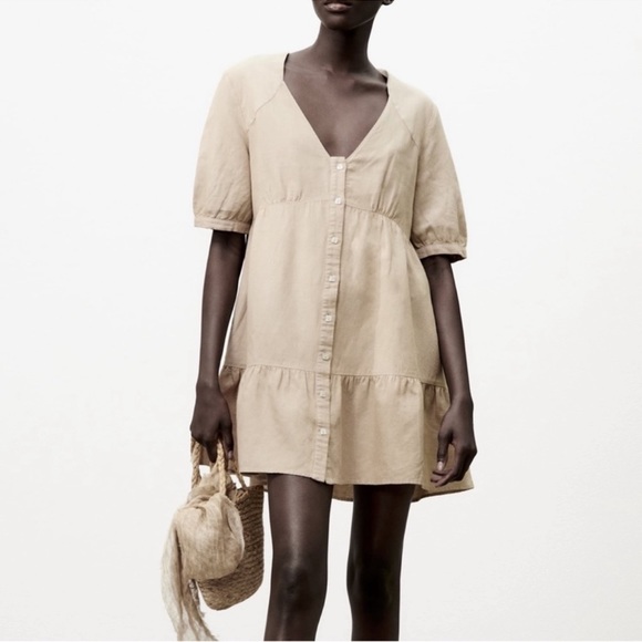 Zara | Dresses | Zara Linen Blend Tiered Dress In Sand | Poshmark